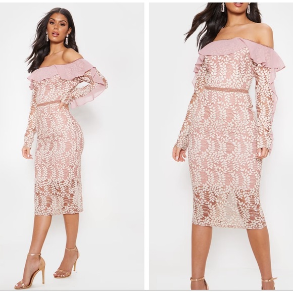PrettyLittleThing | Dresses | Prettylittle Thing Dusty Pink Bardot Lace ...